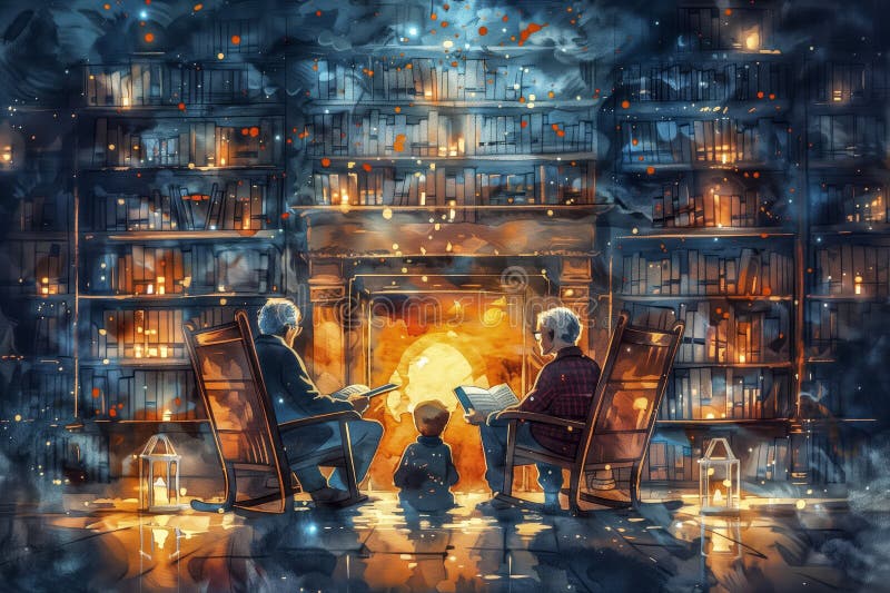 Two Elderly Figures and a Child Sit by a Glowing Fireplace in a Library ...
