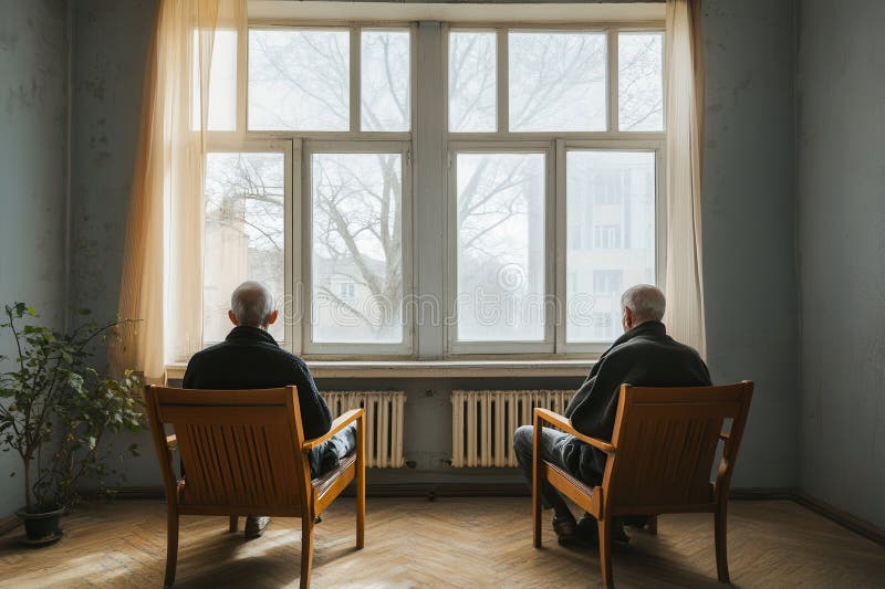 Two Elderly Men Sit in Empty Chairs, Gazing Out a Large Window ...