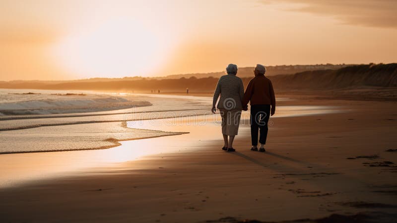 Two Elderly People Walking on the Beach at Sunset. AI Generative Image ...
