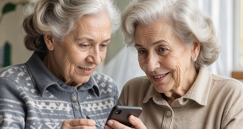 Two Elderly Women are Learning How To Use a Mobile Phone Stock Photo ...