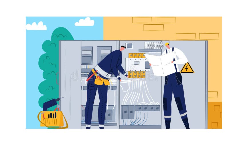 Two Electricians Working on an Electrical Panel Indoors, One Checking ...