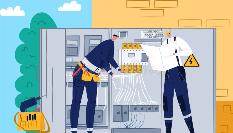 Two Electricians Working Electrical Panel Indoors, One Checking Wires ...