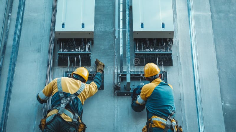 Two Electricians Working on Electrical Panels on a Building Wall Stock ...