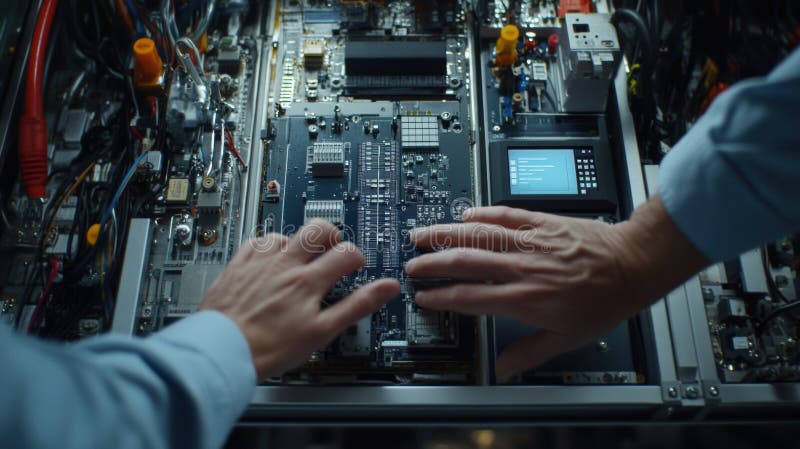 Electronics Engineers Working on Complex Circuit Board and Displaying ...