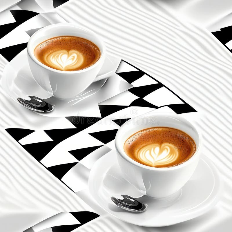 Two Elegant Coffee Cups with Heart Designs, Set Against a Striking ...