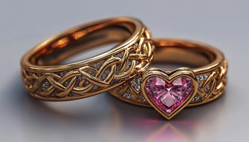 Elegant Gold Rings with Celtic Patterns and Pink Heart Gemstone Stock ...