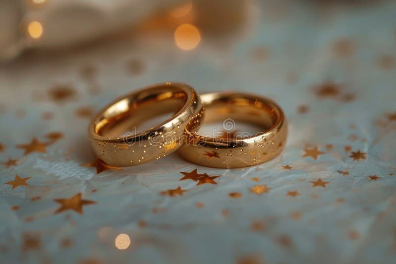 Two Elegant Gold Wedding Rings Displayed on a Table, Ideal for Wedding ...