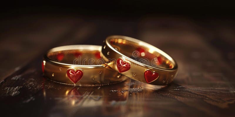 Two Elegant Gold Wedding Rings with Heart Design Stock Image - Image of ...