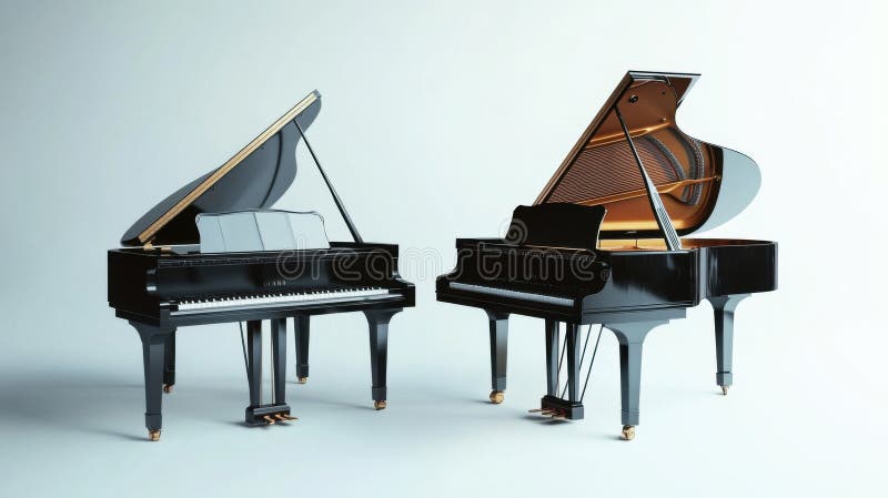 Two Elegant Grand Pianos in a Serene Studio Setting with Open Lids ...