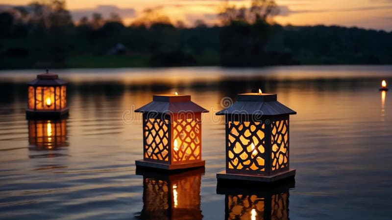 Two Elegant Lanterns Float Gently on a Calm Water Surface. the Warm ...