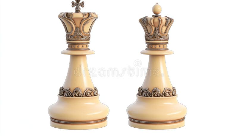 Two Elegant Ornate White Queen Chess Pieces Standing on White ...