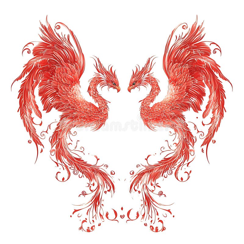 Two Elegant Red Phoenix Birds in a Heart Shape with Floral Design ...