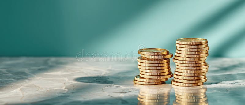 Two Elegant Stacks of Golden Coins on Glossy Surface Stock Photo ...