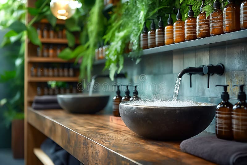 Two Elegant Stone Basins with Running Water Create a Calming Atmosphere ...