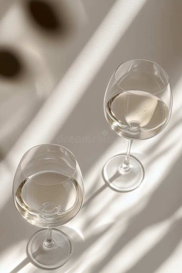 Two Elegant Wine Glasses with White Wine Cast Soft Shadows on a Sunlit ...