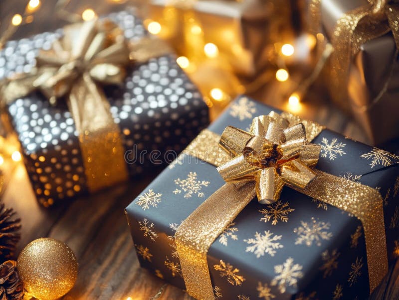 Two Elegantly Wrapped Christmas Presents with Gold Ribbons and ...