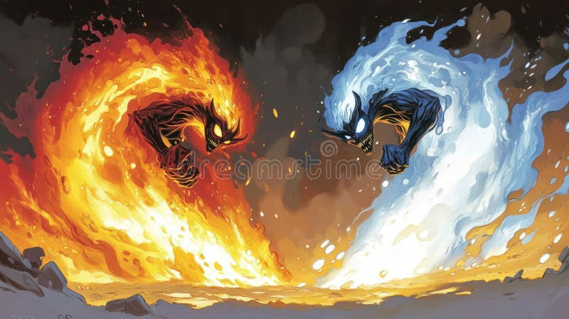 Two Elemental Beings, One of Fire and One of Water, Clash in a Dynamic ...