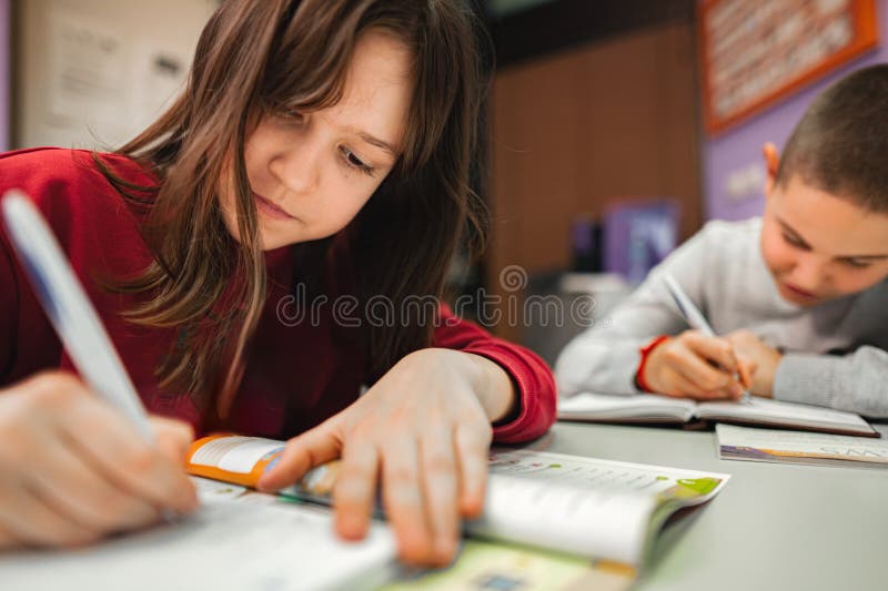 Two Elementary Students Learning Together at Language School Stock ...