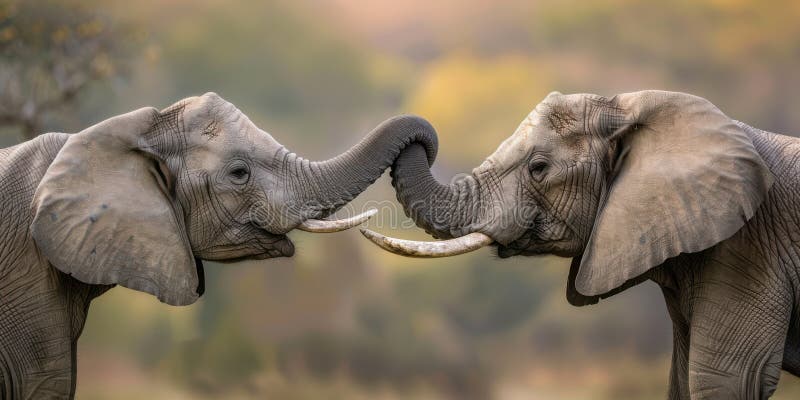Two Elephants Entwining Their Trunks Stock Photo - Image of large ...