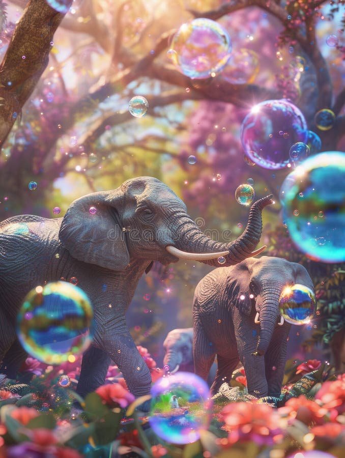 Two Elephants Explore a Magical Garden, Surrounded by Floating Bubbles ...