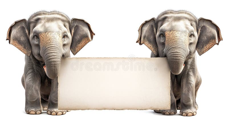 Two Elephants Hold Blank Banner with Their Trunks, Standing Side by ...