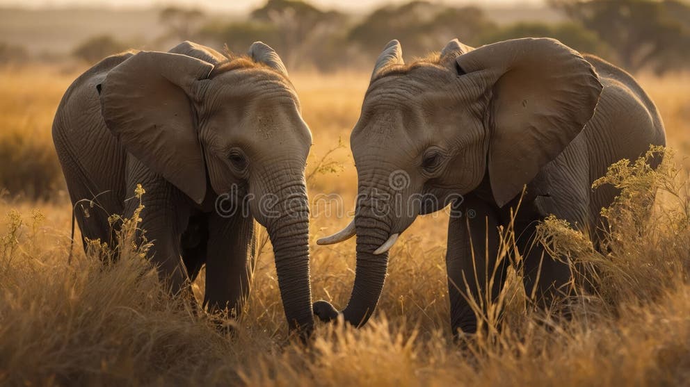 Two Young African Elephants Meeting at Golden Hour in Savanna Grassland ...