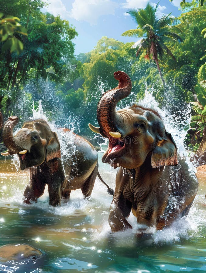 Two Elephants Joyfully Splash through a River in a Lush Jungle ...