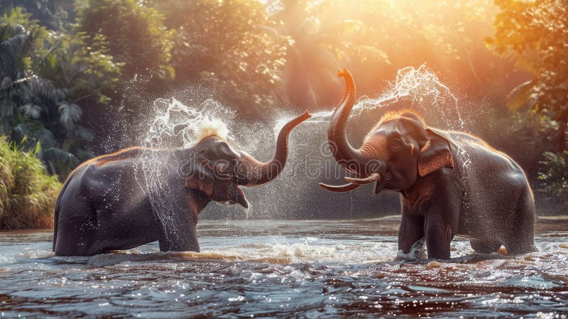 Two Elephants Joyfully Splash Water at Each Other in a Tranquil River ...