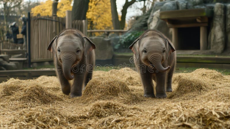 Two Elephants Stroll through a Zoo Enclosure Filled with Hay. Stock ...