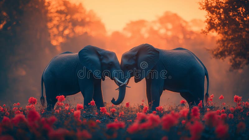 Two Elephants Touch Trunks in a Sunset Forest Stock Photo - Image of ...