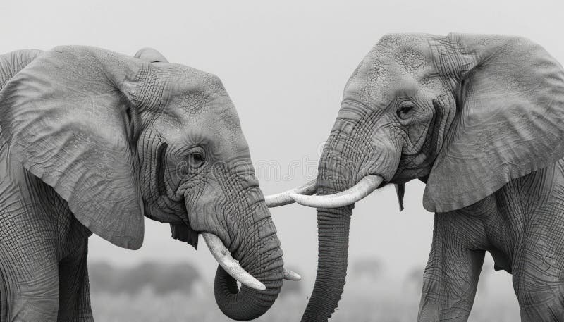 Two Elephants Touching Trunks in Black and White Stock Image - Image of ...