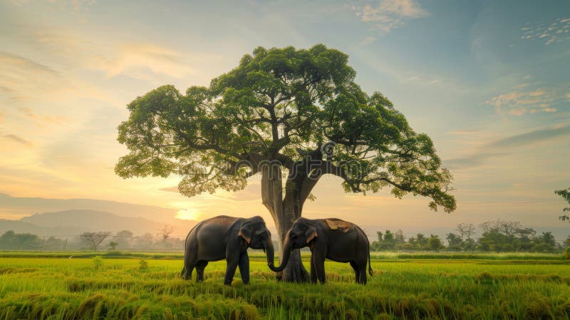 Two Elephants and Tree in Rice Field, Representing Connection between ...
