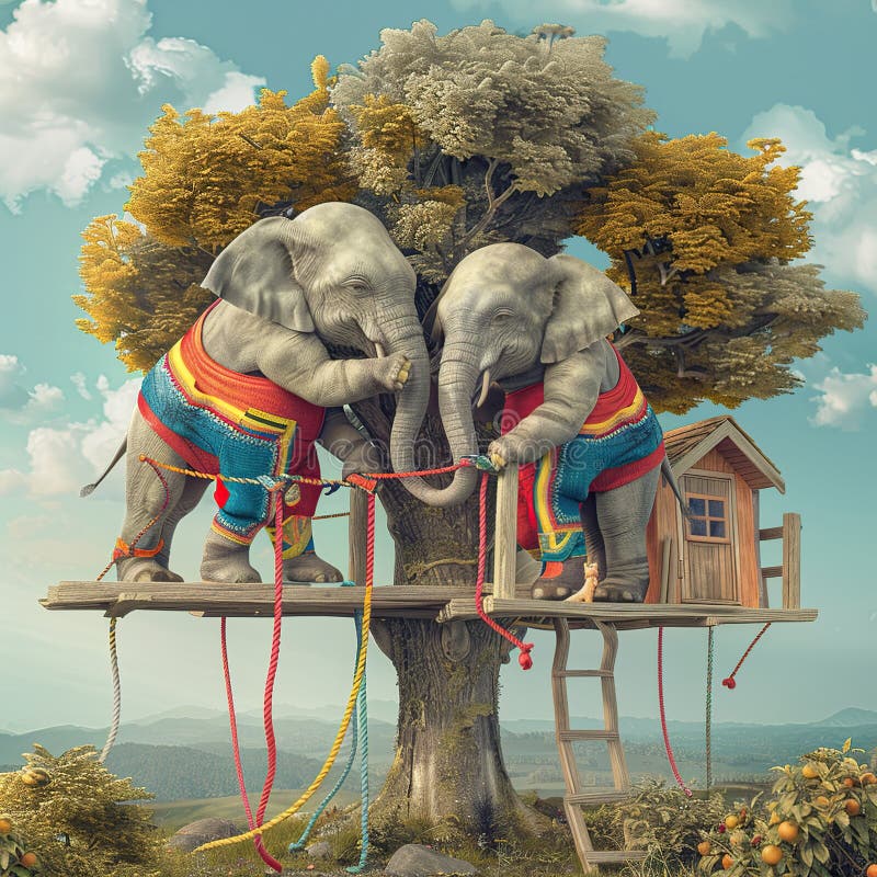 Two Elephants on a Treetop Platform, Playfully Tying Ribbons Stock ...