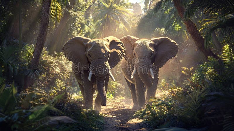 Two Elephants Walking on a Jungle Path, Sunlight Streaming through the ...