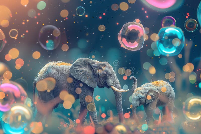 Two Elephants Wander through a Vibrant, Imaginative Landscape Adorned ...