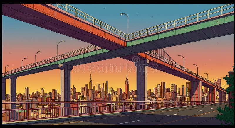 Two Elevated Highways Intersect Above a Cityscape at Sunset, Casting ...