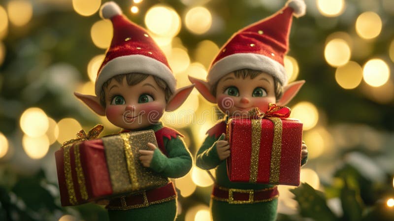 Two Elves Hold Gifts in Front of a Christmas Tree Stock Image - Image ...