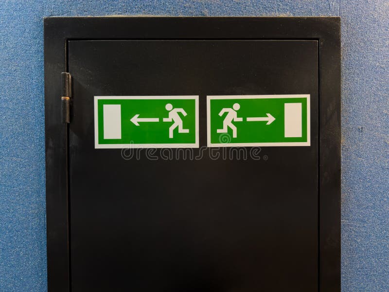 Two Emergency Exit Signs with Running Figure and Arrows Pointing Left ...