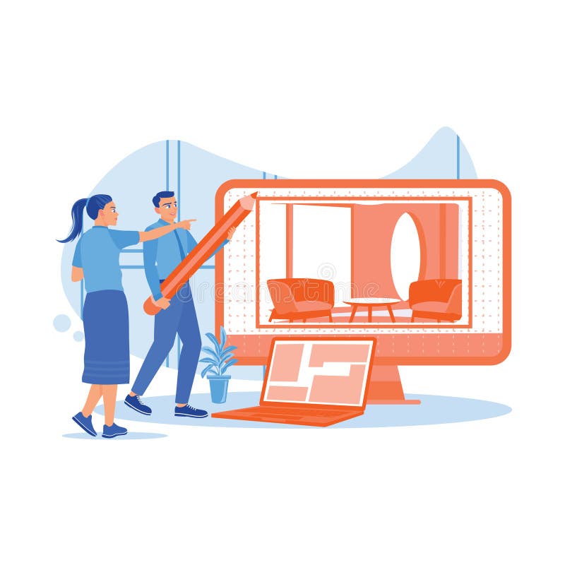 Two Employees Create Office Interior Designs Using Laptop Computers ...