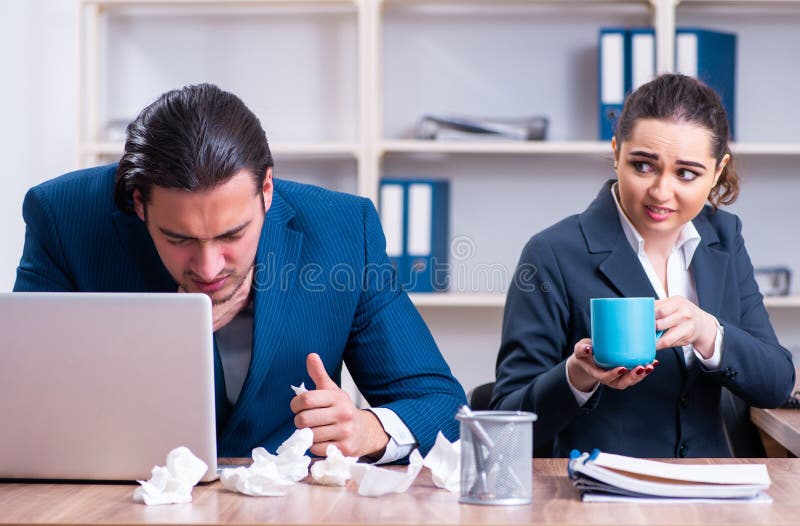 Two Employees Suffering at Workplace Stock Image - Image of infection ...