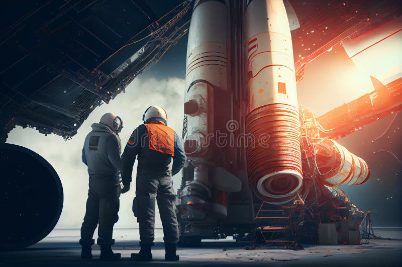 Two Employees Work on a Spacecraft Flight To the Moon Stock Photo ...