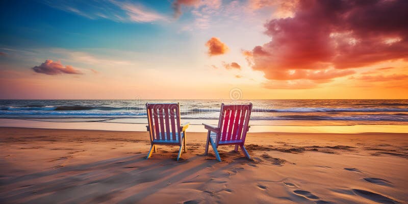 Two Empty Beach Chairs on Beach at Sunset Stock Illustration ...