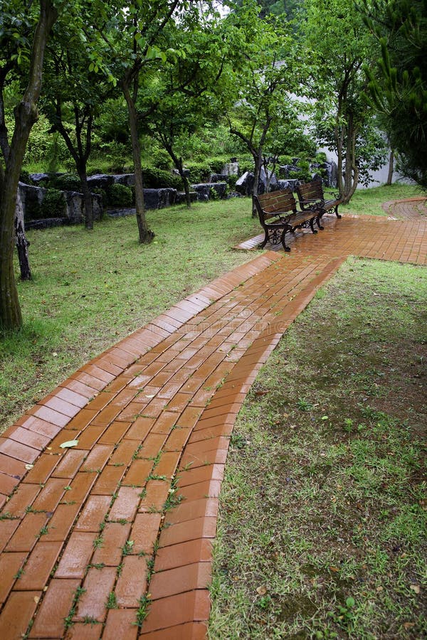 Two Empty Benches in a Park. Stock Image - Image of rain, weather: 25624219