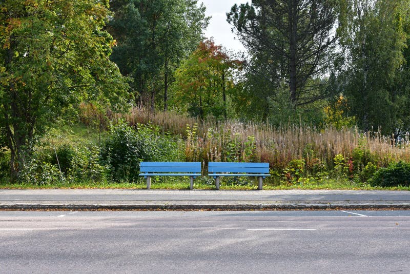 Two Empty Benches on the Sidewalk Stock Photo - Image of season, path ...