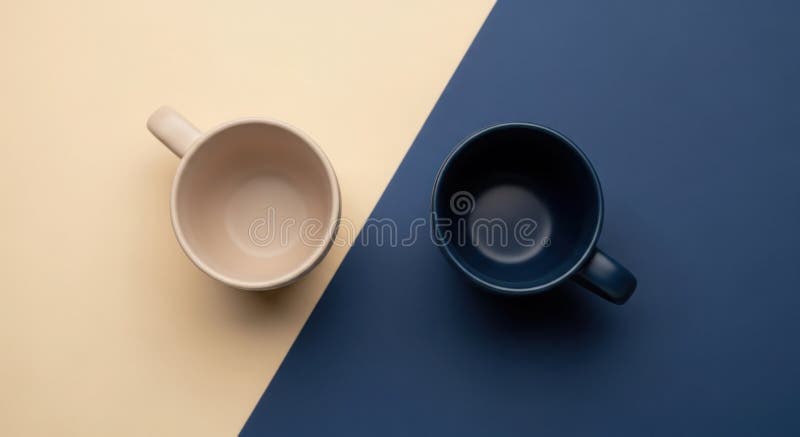 Two Empty Ceramic Mugs on a Beige and Blue Background Featuring a ...