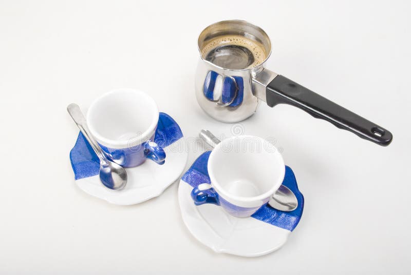 Two empty cups and pot stock photo. Image of coffe, close - 15767272