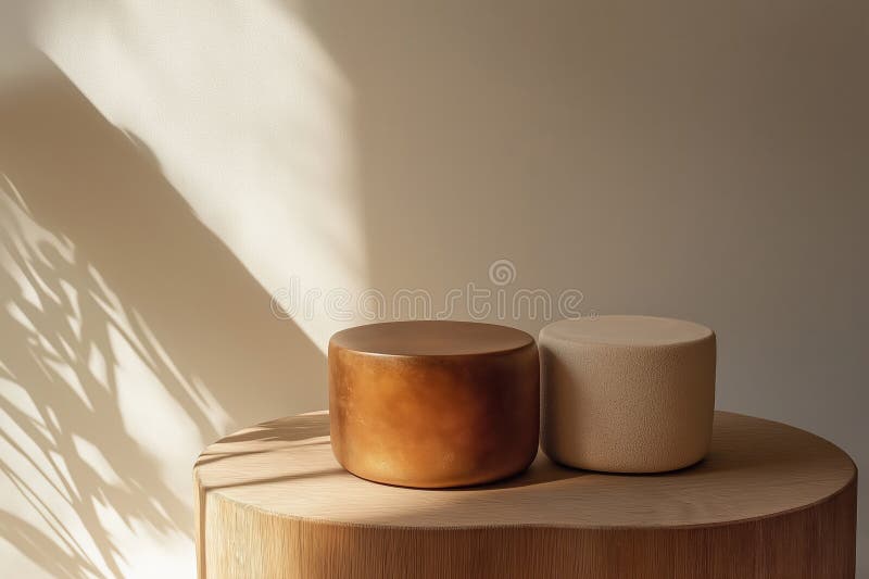 Two Empty Cylinder Podiums on Wooden Table Displaying Products with ...