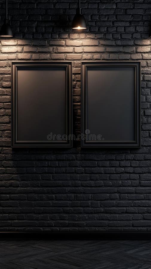 Two Empty Frames on Dark Brick Wall Under Industrial Lighting Stock ...