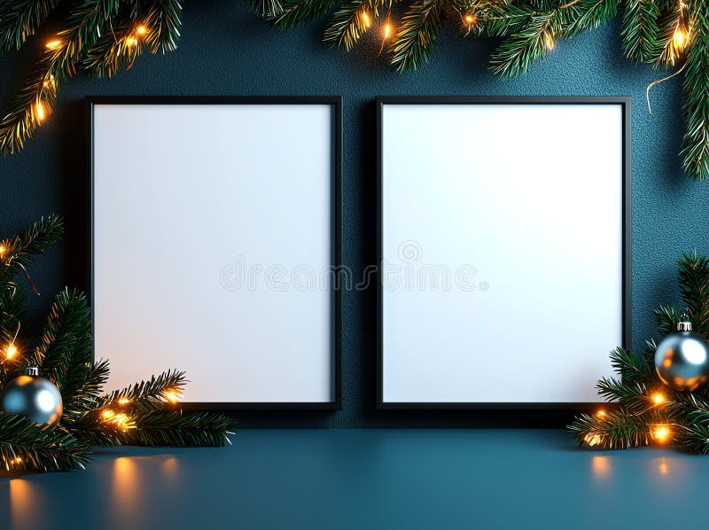 Two Empty Frames Framed by Festive Greenery and Christmas Lights a ...