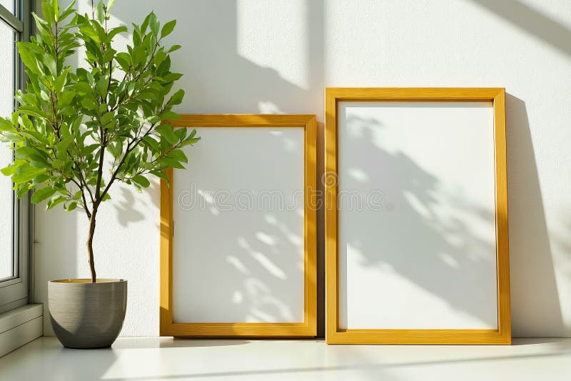 Two Empty Frames on a Window Sill Next To a Potted Plant Stock Photo ...